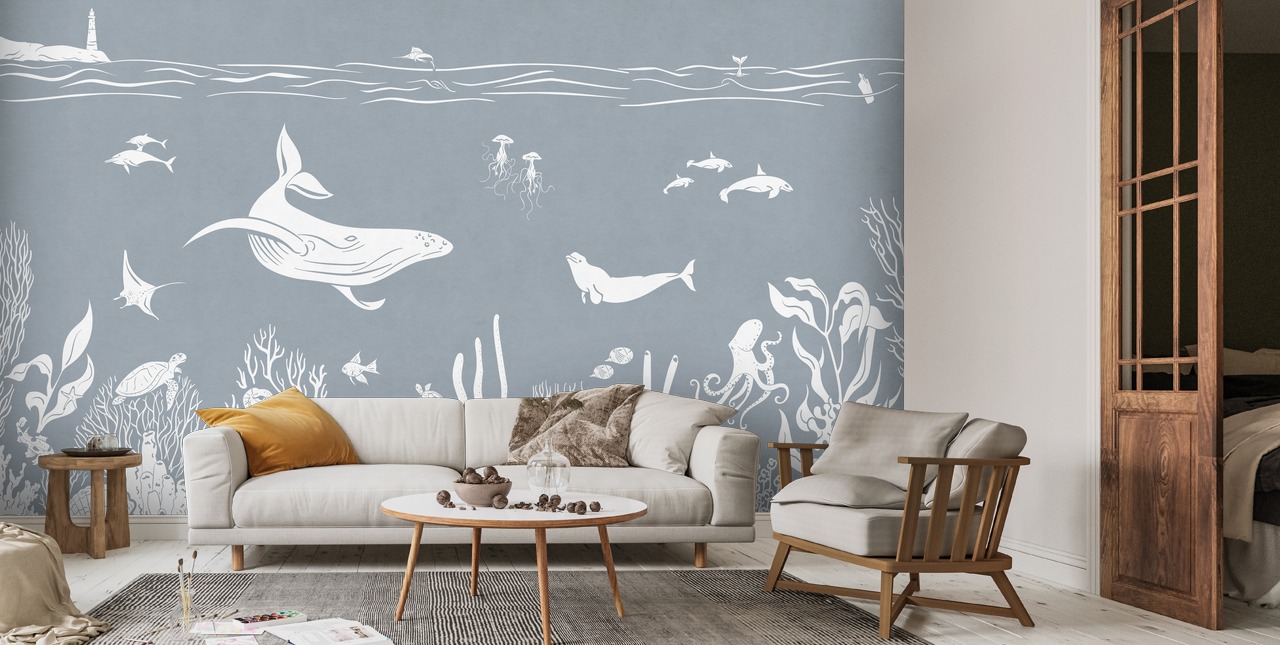 Monochrome Sea In Blue Mural By Kikki Belle | Wallsauce US