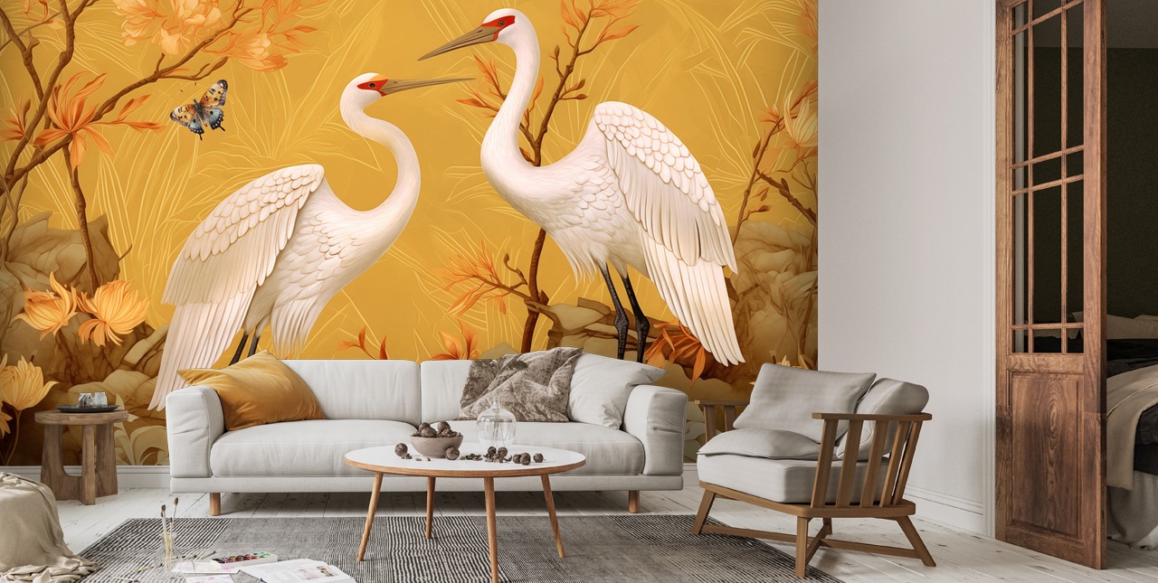 Cranes In The Meadow Wallpaper Mural | Wallsauce UK