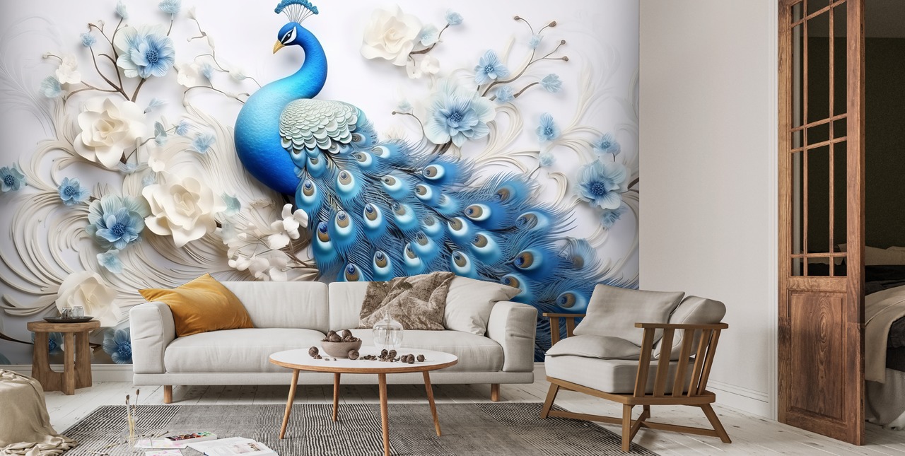 Blue Peacock Flowers Wallpaper Mural | Wallsauce UK