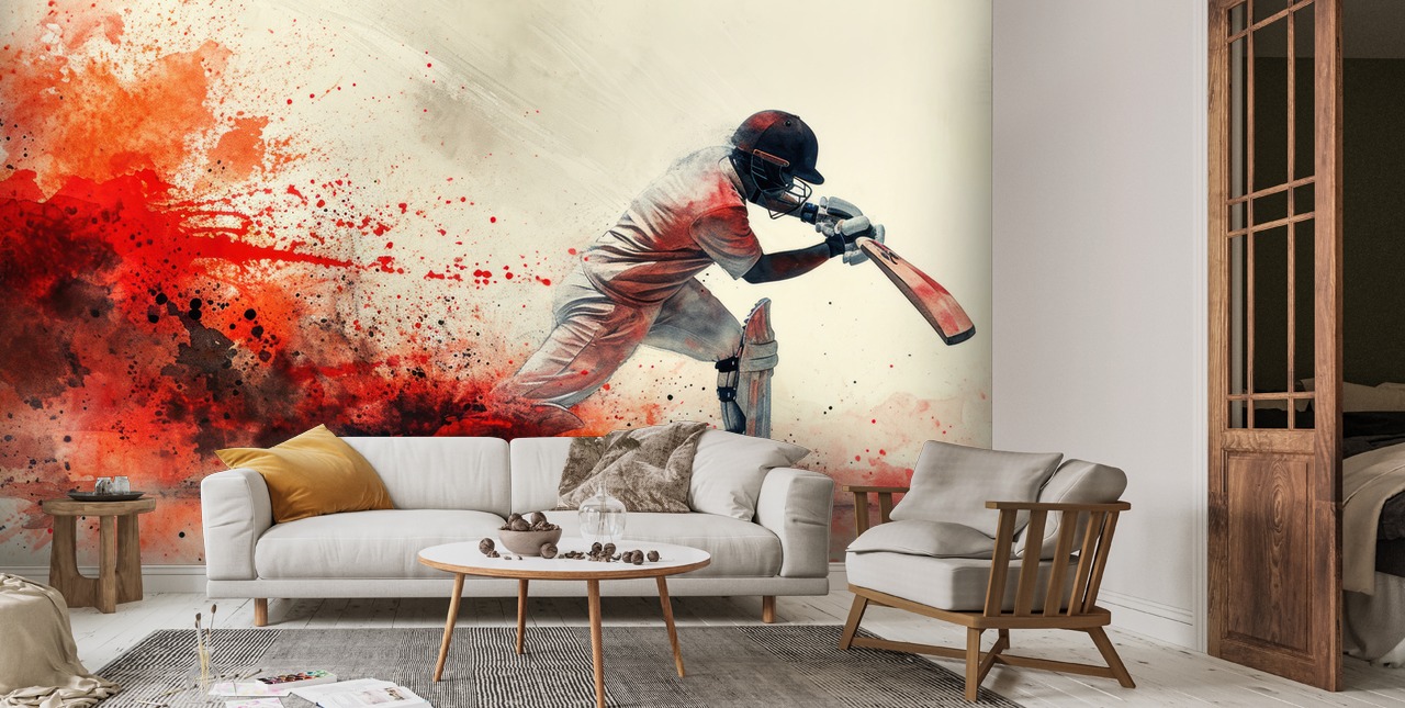 Red Watercolour Cricketer Wallpaper Mural | Wallsauce UK