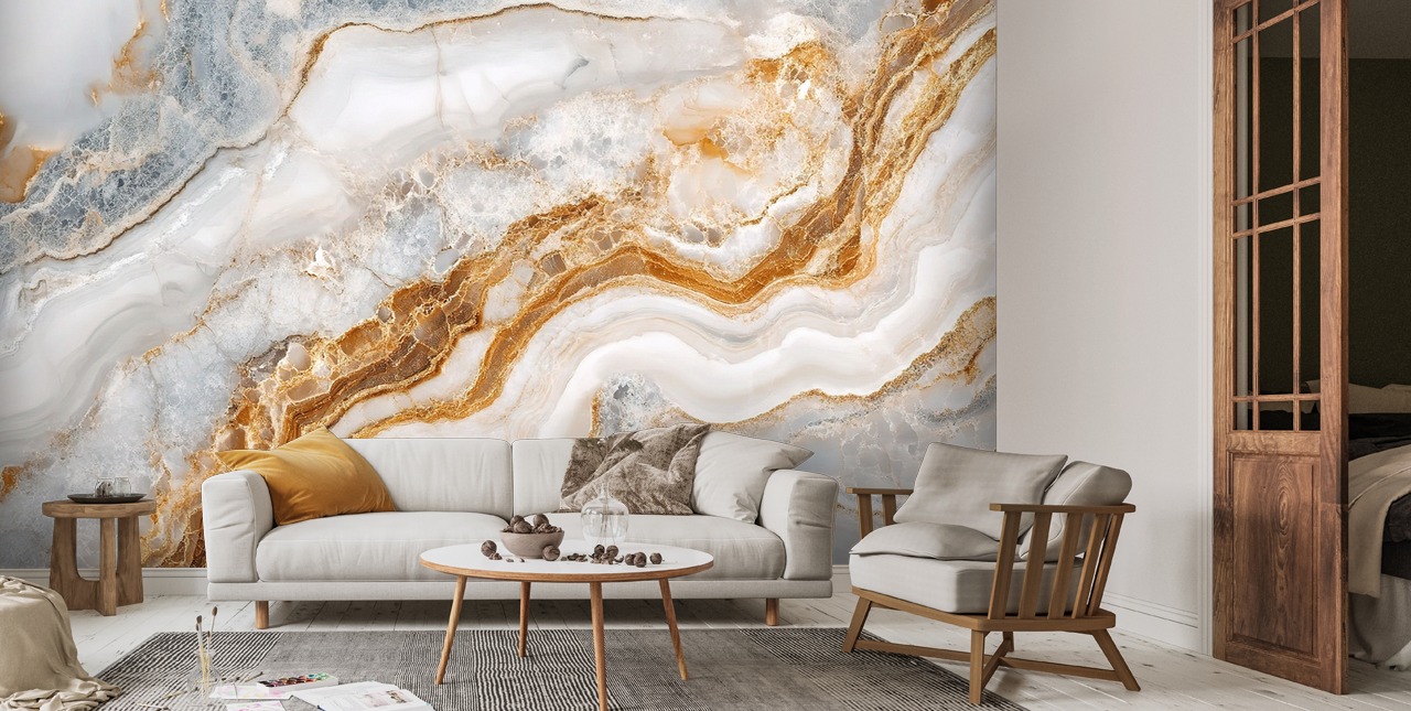 White, Grey and Gold Swirls Marble | Wallsauce UK