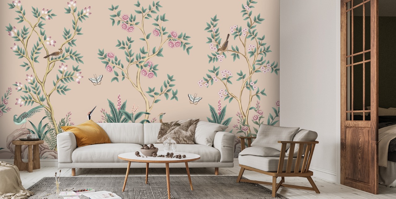 Pink Chinoiserie Rose Garden Wallpaper | Wallsauce UK