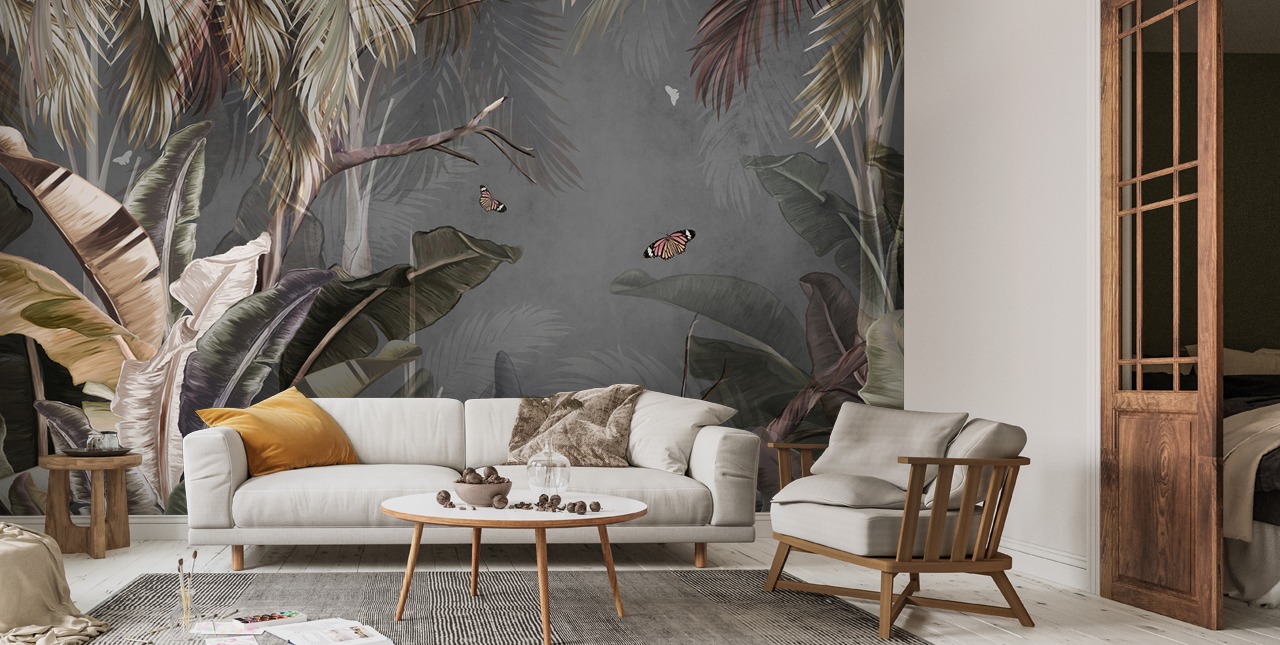 Tropical Forest and Butterflies Grey Wall Mural | Wallsauce UK