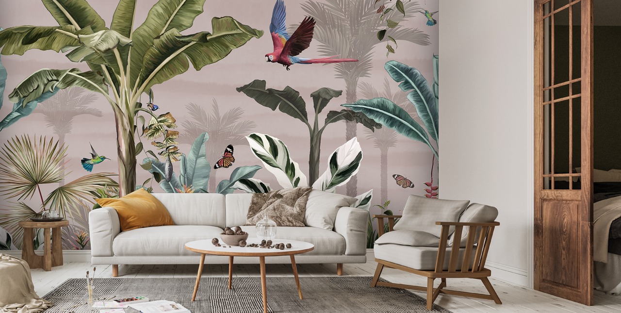 Papegøje, der flyver gennem junglen Lyserød tapet | Wallsauce DK
