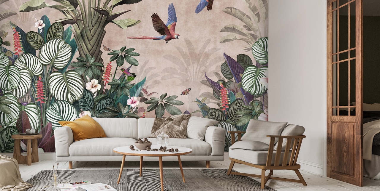 Parrot Jungle Flight Pink Wallpaper Mural | Wallsauce US