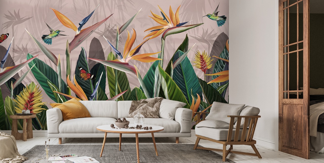 Roze behang met tropische bosbloemen en vogels | Wallsauce NL