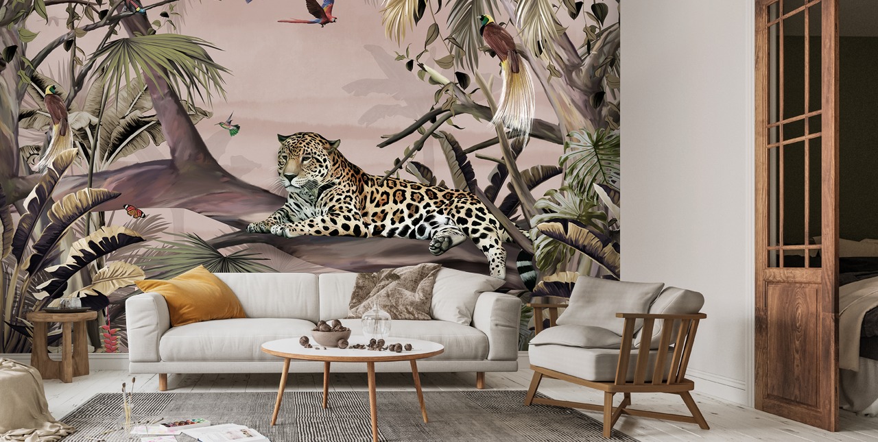 Relaxing Jungle Jaguar Pink Wallpaper Mural | Wallsauce UK