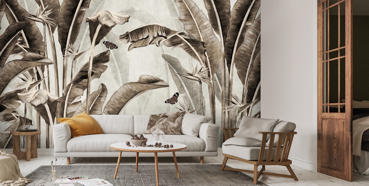 Sepia Palm Leaves and Butterflies Wallpaper Mural | Wallsauce CA