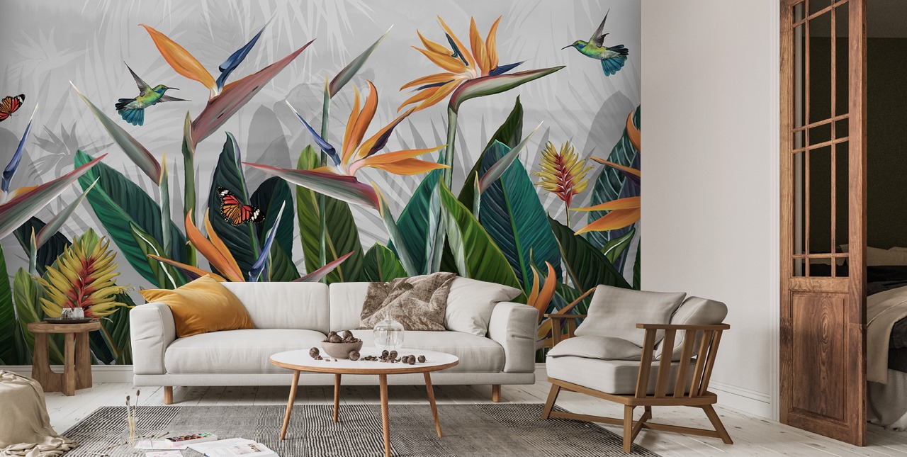 Tropical Forest Flowers and Birds Wallpaper Mural | Wallsauce NZ