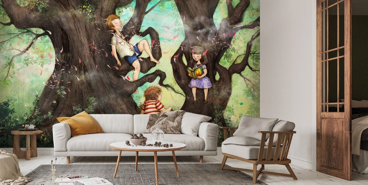 Barn Tre som Nestle Nær Veggmaleri | Wallsauce NO