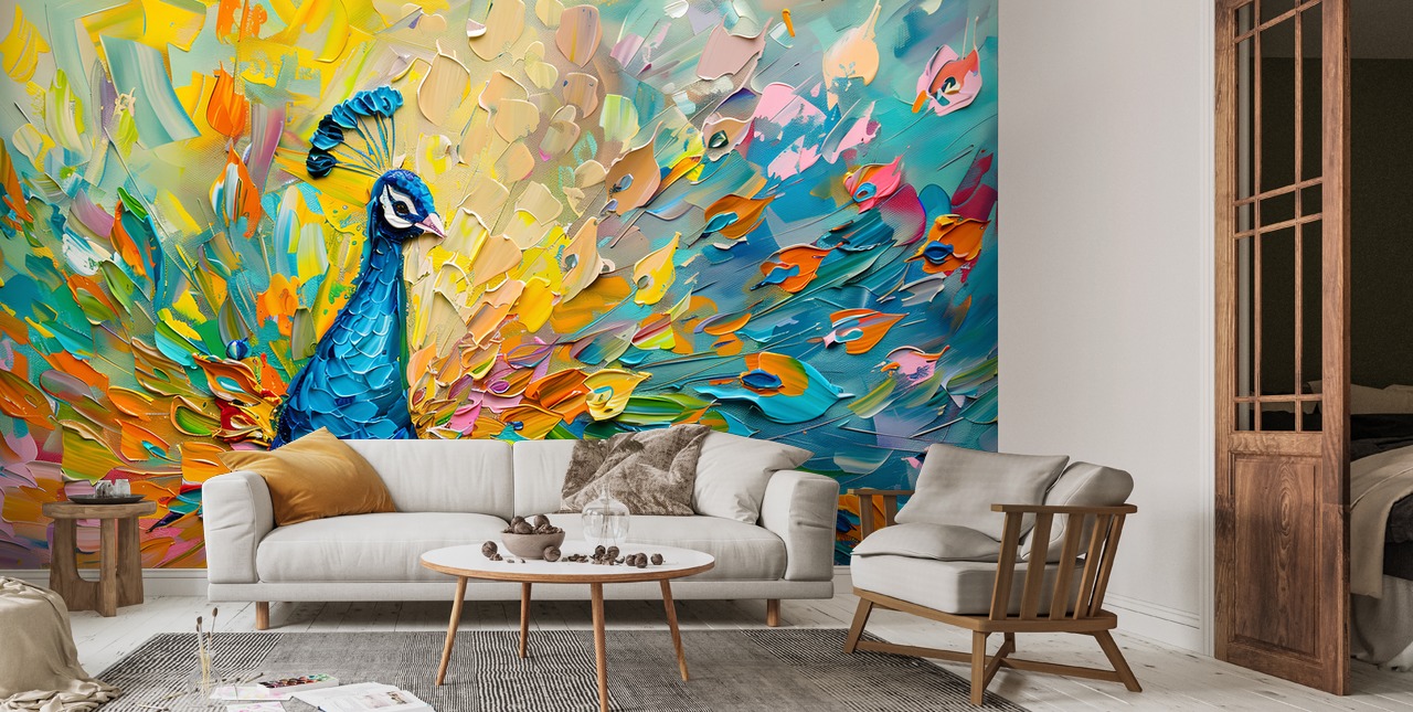 Oil Painting Peacock Wallpaper Mural | Wallsauce UK