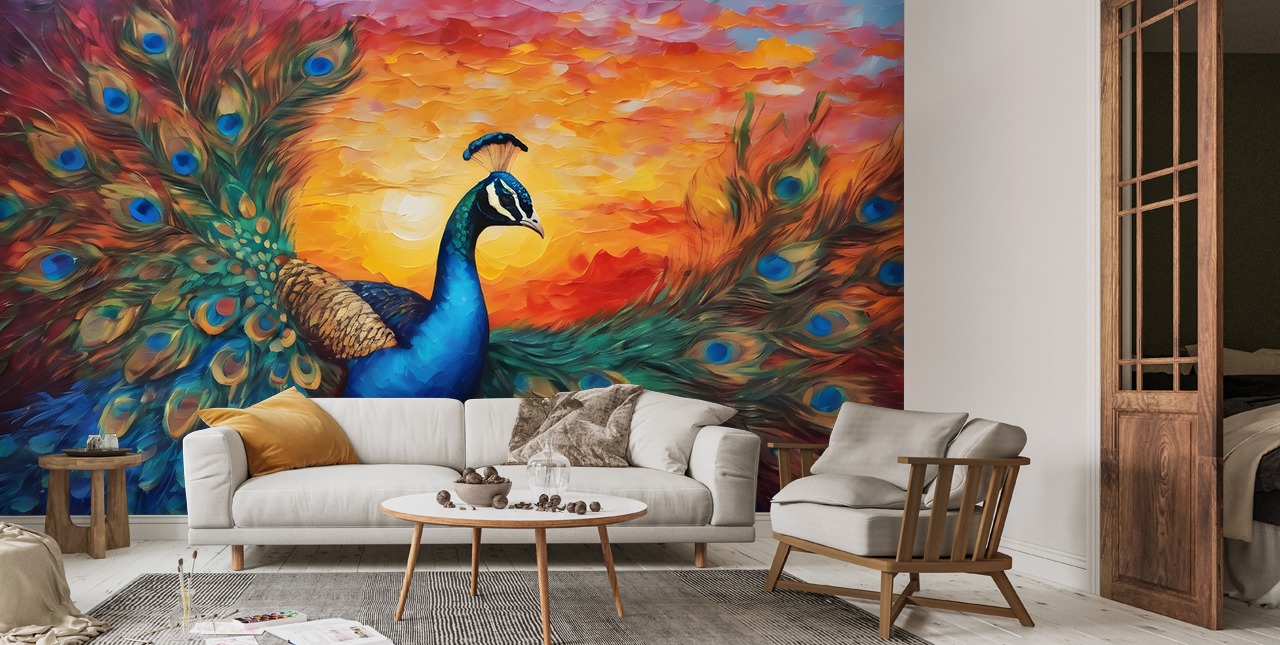 Carta da parati murale con pavone dipinto al tramonto | Wallsauce IT