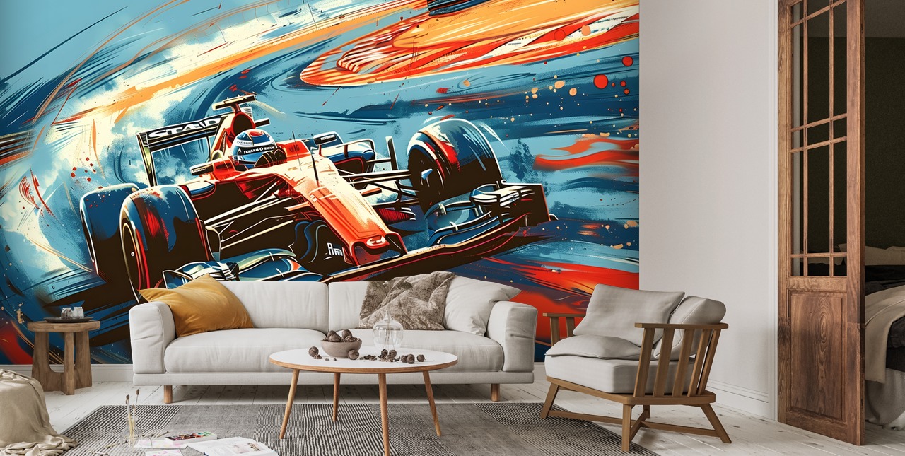 Speeding Race Car Illustration Wallpaper | Wallsauce UK