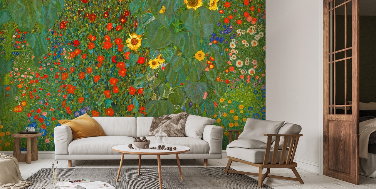 Gårdsträdgård med solrosor tapetväggmålning | Wallsauce SE