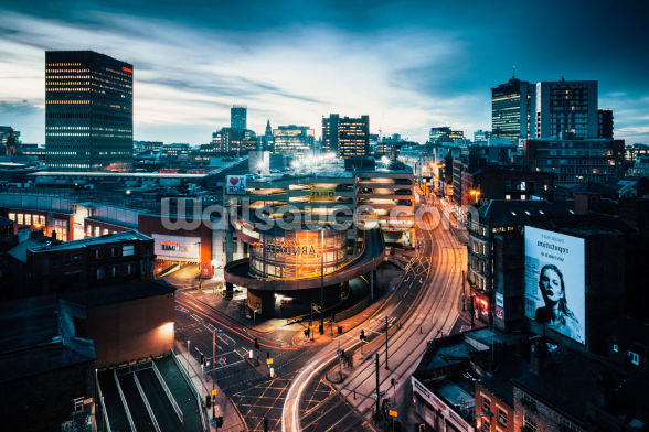 Manchester Skyline Night Wall Mural | Wallsauce UK