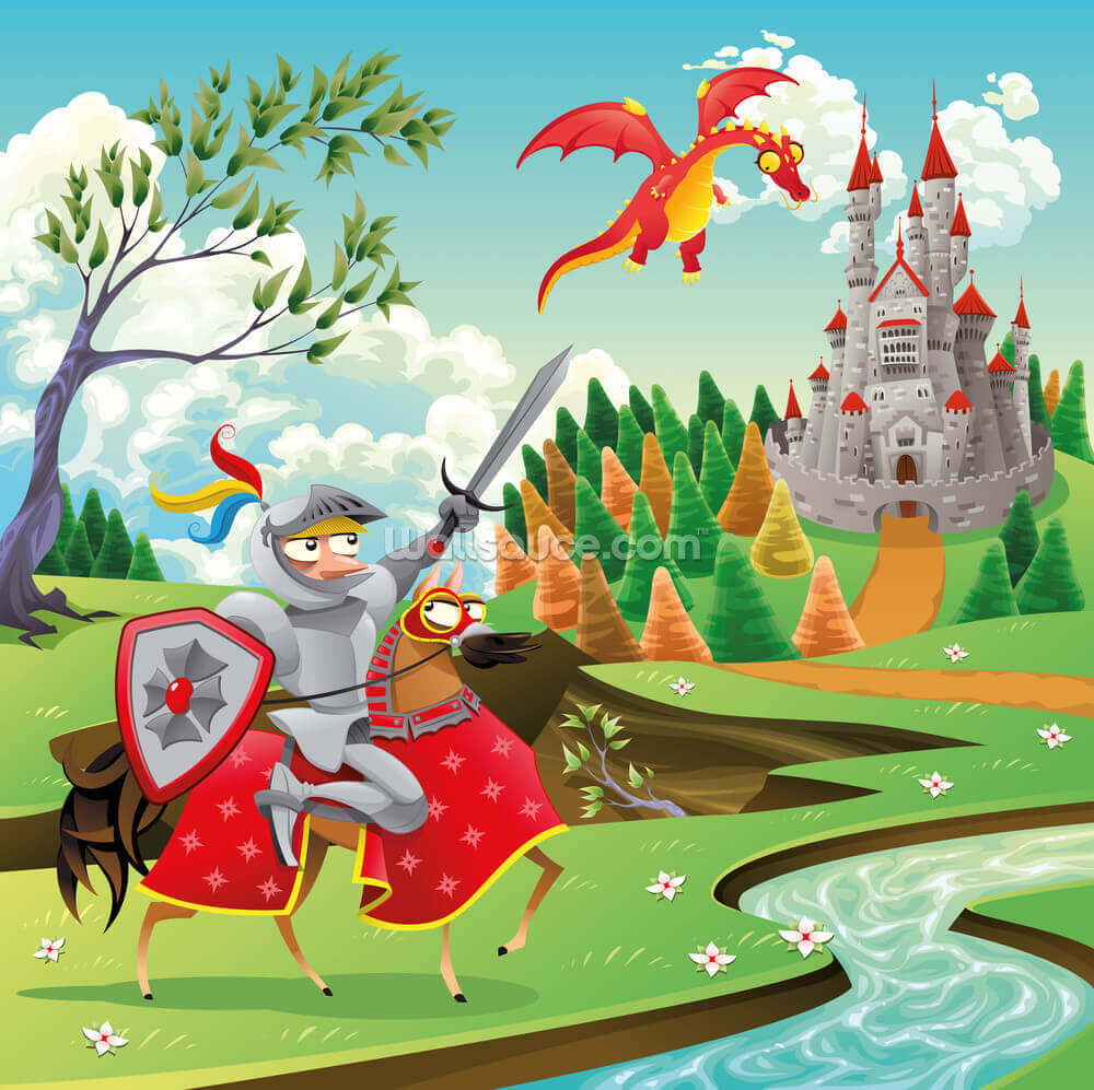 Brave Knight, Castle and Dragon Wallpaper | Wallsauce UK