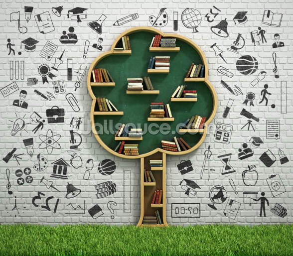 Tree Book Shelf Wallpaper Mural | Wallsauce US