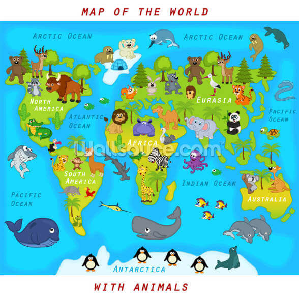 Map of the World with Animals Wallpaper | Wallsauce US