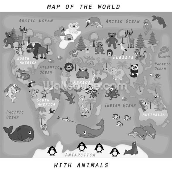Map of the World with Animals Wallpaper | Wallsauce US