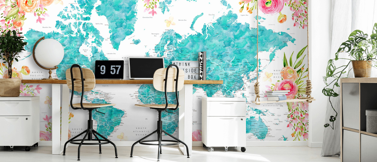 Bright Floral World Map Wallpaper | Wallsauce AU
