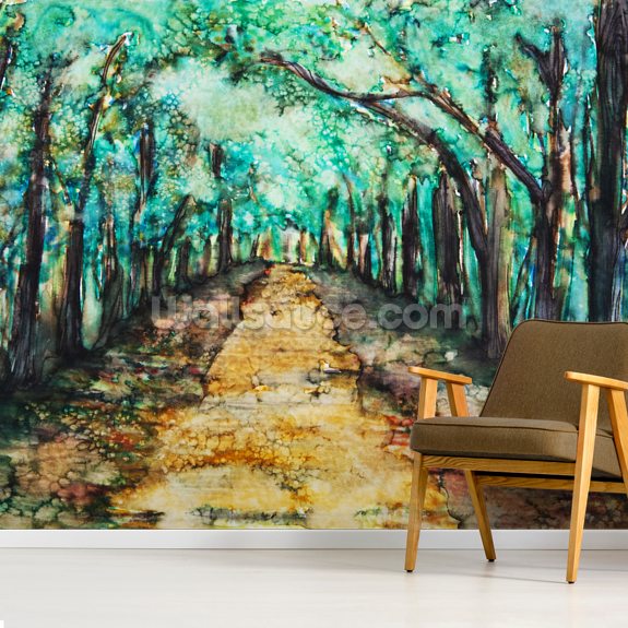 Watercolour of a Path Lined with Trees Wall Mural | Wallsauce US