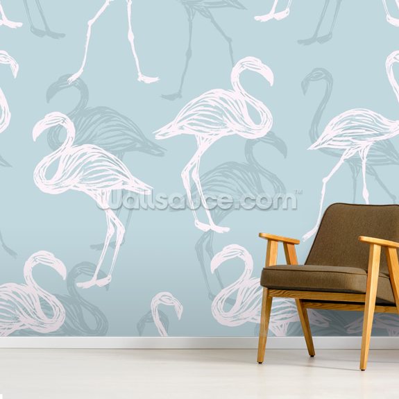 Light Blue & White Flamingos Wallpaper | Wallsauce US