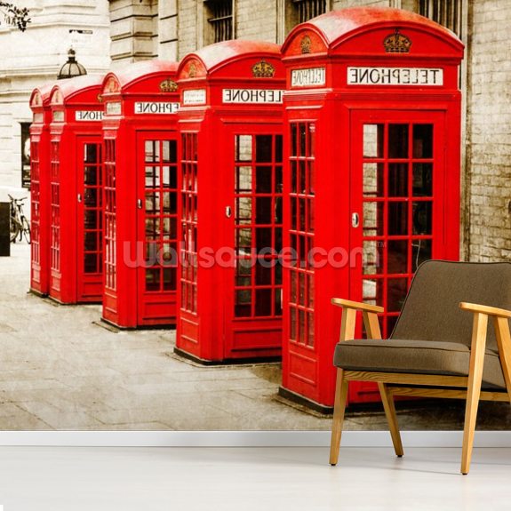 Red Telephone Boxes Wallpaper Mural | Wallsauce UK