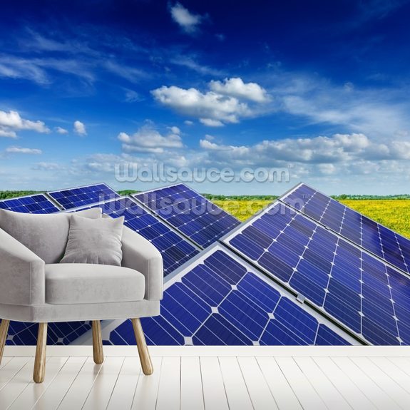 Solar battery panels in rural meadow field | Wallsauce US