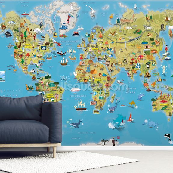 Cartoon-Welt mit Tieren Wandgemälde | Wallsauce DE