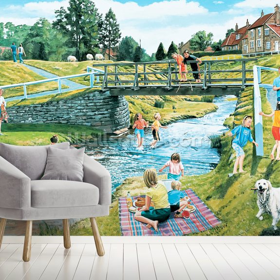 Playing Pooh Sticks Wallpaper | Wallsauce UK