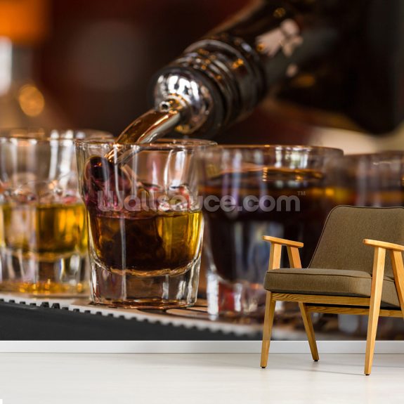 Shots with whisky and liquor in cocktail bar Wallpaper Mural | Wallsauce UK