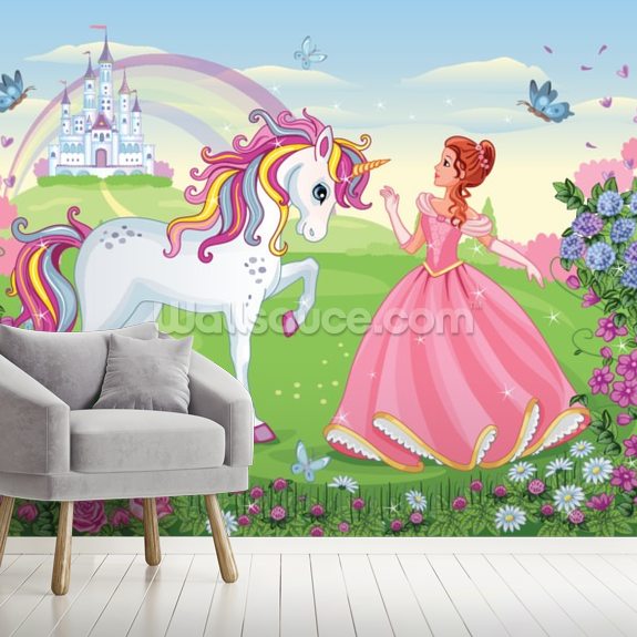 Beautiful Princess and White Unicorn Wallpaper | Wallsauce UK