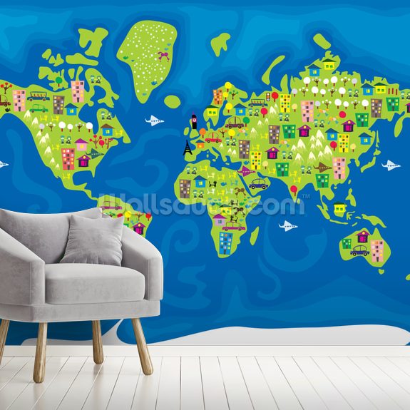 Cartoon World Map Wallpaper Mural | Wallsauce UK