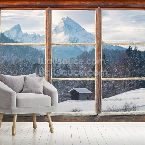 Snowy Mountain Window View Behang | Wallsauce NL
