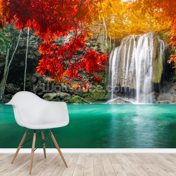 Orange Leaves Waterfall Mural | Wallsauce US