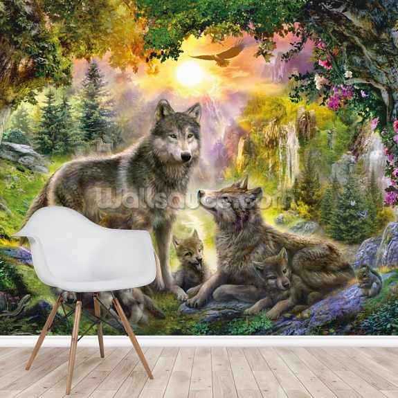 Autumn Wolf Family Wall Mural | Wallsauce US
