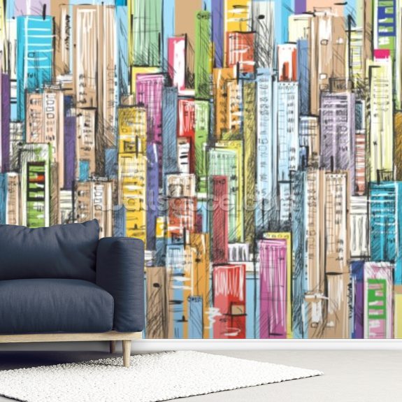 Papier peint paysage urbain dessiné à la main | Wallsauce FR