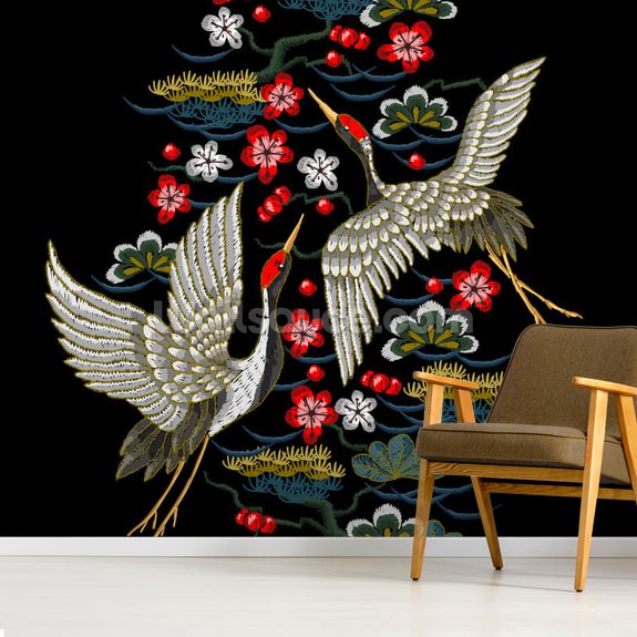 Geborduurd Japans kranen behang | Wallsauce NL