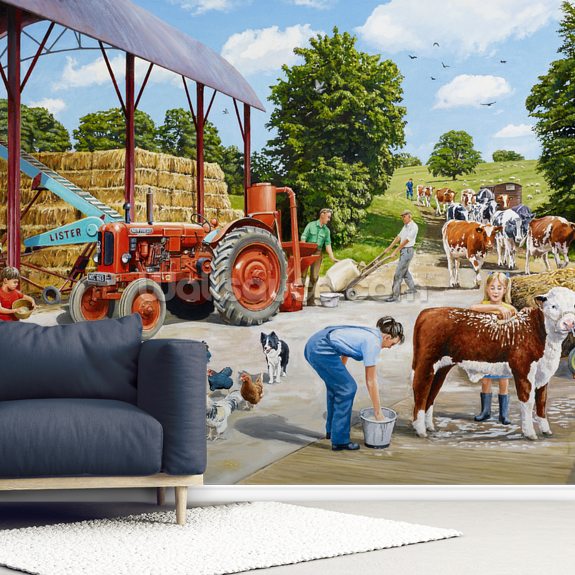 Busy Farmyard Wall Mural | Wallsauce US