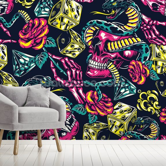 Kleurrijke schedels en tatoeages behang | Wallsauce NL