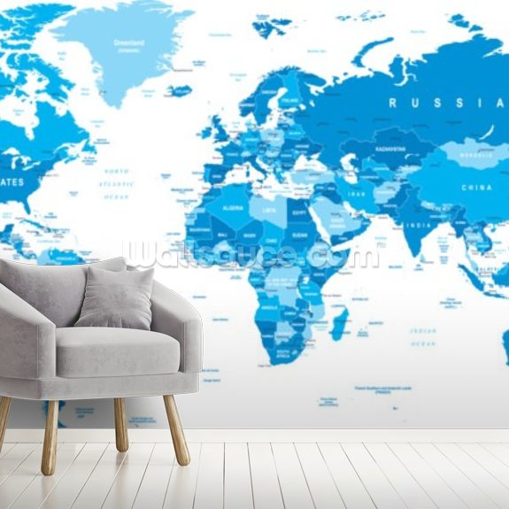 Detailed World Map in Blue Wallpaper | Wallsauce FR