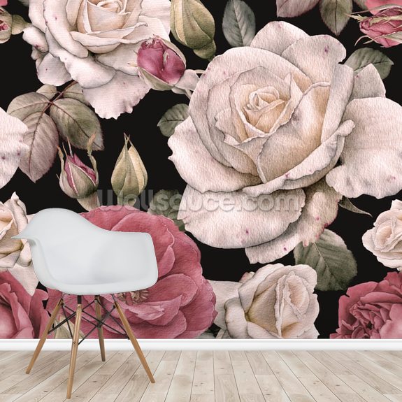 White and Pink Roses Wallpaper Mural | Wallsauce UK