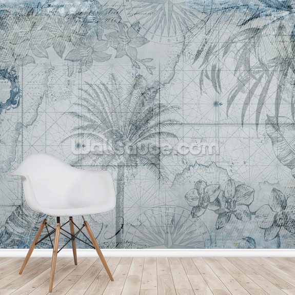 Blue Tropical Fauna and Map Wall Mural | Wallsauce US