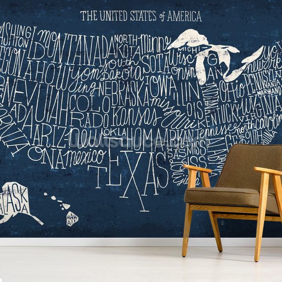 Hand Lettered USA Map Wallpaper | Wallsauce UK