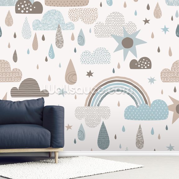 Blue Rainbow Raindrops Wall Mural | Wallsauce UK