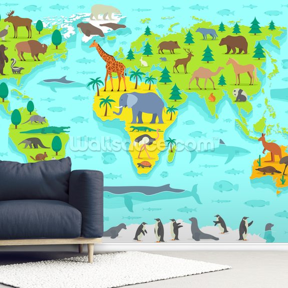 Cartoon Animal Map Wallpaper | Wallsauce US