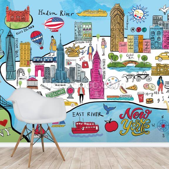 Colourful New York Map Wall Mural | Wallsauce UK
