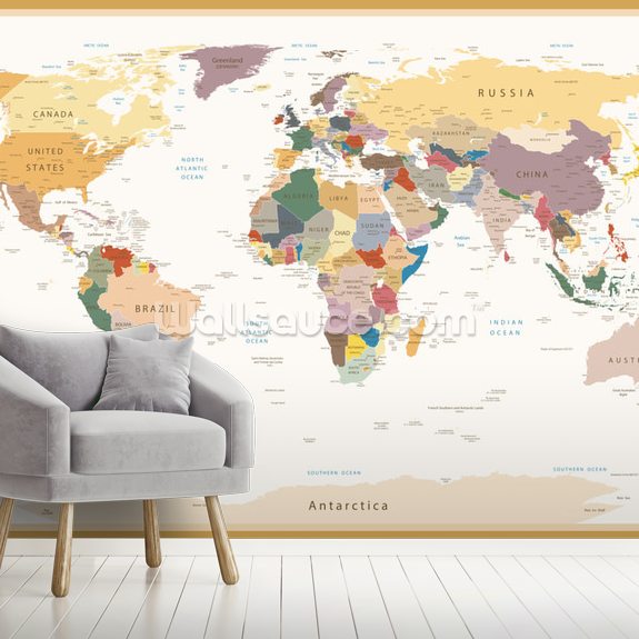 Mapa do mundo político Mural de parede de cores vintage | Wallsauce PT